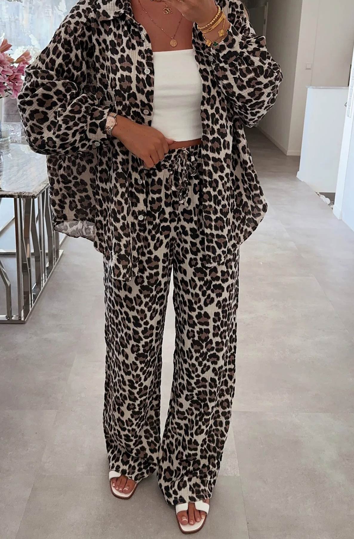 Julie Leopard Animal Cotton Gauze Style Trousers-Brown &ndas